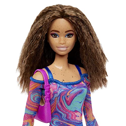 Barbie Fashionistas Doll #206 with Crimped Hair & Freckles, Rainbow Marble-Print Dress, Green Mules & Purse