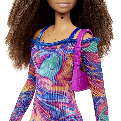 Barbie Fashionistas Doll #206 with Crimped Hair & Freckles, Rainbow Marble-Print Dress, Green Mules & Purse