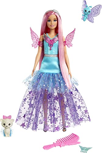 Barbie Doll with Two Fairytale Pets and Fantasy Dress, Barbie “Malibu” Doll from Barbie A Touch of Magic, 7-inch Long Fantasy Hair