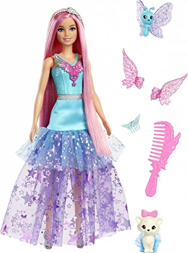 Barbie Doll with Two Fairytale Pets and Fantasy Dress, Barbie “Malibu” Doll from Barbie A Touch of Magic, 7-inch Long Fantasy Hair