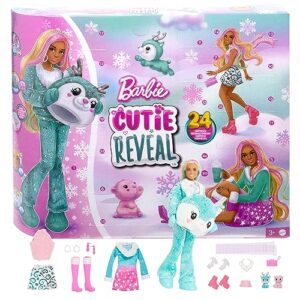 barbie cutie reveal advent calendar & doll, blue & pink hair, 25 surprises include clothes, accessories & color-change pets