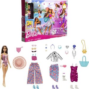 barbie doll and fashion advent calendar, 24 clothing and accessory surprises like swimsuit, dress, hat and pet kitten