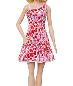 Barbie Fashionistas Doll #205 with Blond Ponytail, Wearing Pink and Red Floral Dress, Platform Sandals and Hoop Earrings