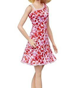 Barbie Fashionistas Doll #205 with Blond Ponytail, Wearing Pink and Red Floral Dress, Platform Sandals and Hoop Earrings