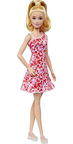 Barbie Fashionistas Doll #205 with Blond Ponytail, Wearing Pink and Red Floral Dress, Platform Sandals and Hoop Earrings