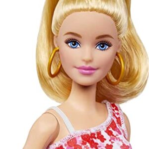 Barbie Fashionistas Doll #205 with Blond Ponytail, Wearing Pink and Red Floral Dress, Platform Sandals and Hoop Earrings