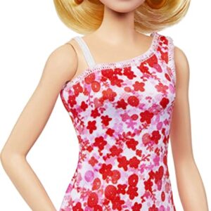 Barbie Fashionistas Doll #205 with Blond Ponytail, Wearing Pink and Red Floral Dress, Platform Sandals and Hoop Earrings