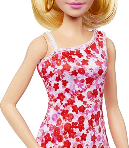 Barbie Fashionistas Doll #205 with Blond Ponytail, Wearing Pink and Red Floral Dress, Platform Sandals and Hoop Earrings