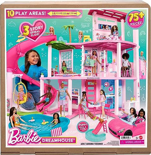 Barbie Dreamhouse 2023, Pool Party Doll House with 75+ Pieces and 3-Story Slide, Barbie House Playset, Pet Elevator and Puppy Play Areas​