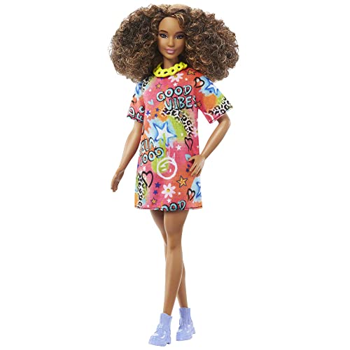 Barbie Doll, Kids Toys, Curly Brown Hair, Fashionistas, Athletic Body Shape, Graffiti-Print T-Shirt Dress, Clothes and Accessories