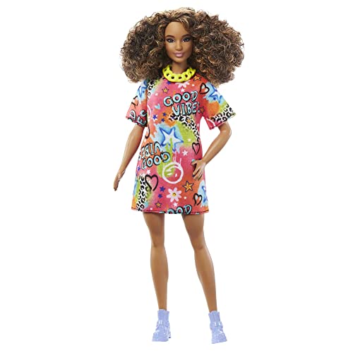 Barbie Doll, Kids Toys, Curly Brown Hair, Fashionistas, Athletic Body Shape, Graffiti-Print T-Shirt Dress, Clothes and Accessories