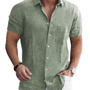 Elanbells Mens Linen Dress Shirt Beach Untucked Wrinkle Free Lightweight Shirt Green