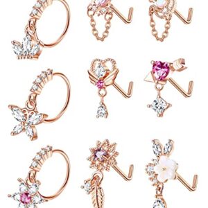 Jstyle 9Pcs 20G Dangle Nose Rings Studs Nose Ring Hoops for Women 316L Surgical Steel L Shaped Nose Studs Nose Piercing Jewerly Heart Butterfly Flower CZ Dangling Hoop Nose Rings Women Rose Gold Tone