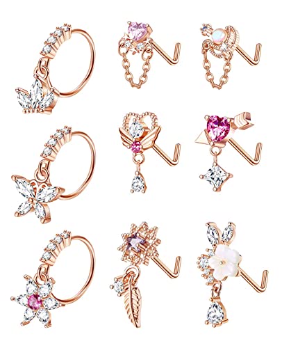 Jstyle 9Pcs 20G Dangle Nose Rings Studs Nose Ring Hoops for Women 316L Surgical Steel L Shaped Nose Studs Nose Piercing Jewerly Heart Butterfly Flower CZ Dangling Hoop Nose Rings Women Rose Gold Tone