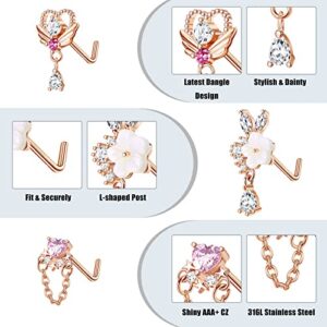 Jstyle 9Pcs 20G Dangle Nose Rings Studs Nose Ring Hoops for Women 316L Surgical Steel L Shaped Nose Studs Nose Piercing Jewerly Heart Butterfly Flower CZ Dangling Hoop Nose Rings Women Rose Gold Tone