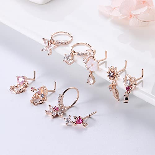 Jstyle 9Pcs 20G Dangle Nose Rings Studs Nose Ring Hoops for Women 316L Surgical Steel L Shaped Nose Studs Nose Piercing Jewerly Heart Butterfly Flower CZ Dangling Hoop Nose Rings Women Rose Gold Tone