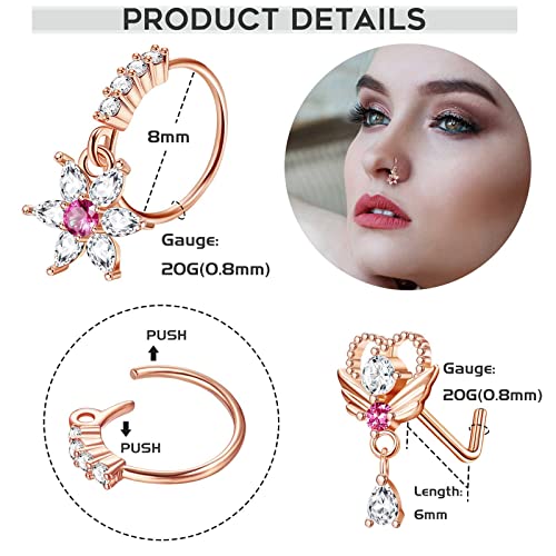 Jstyle 9Pcs 20G Dangle Nose Rings Studs Nose Ring Hoops for Women 316L Surgical Steel L Shaped Nose Studs Nose Piercing Jewerly Heart Butterfly Flower CZ Dangling Hoop Nose Rings Women Rose Gold Tone