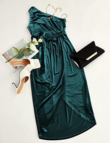 MEROKEETY Women's Sleeveless Wrap Velvet Midi Dress High Waist Asymmetrical Wedding Guest Dress with Belt, Emerald, Large