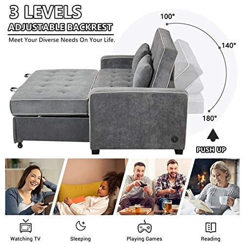 Gynsseh Pull Out Sofa Sleeper, 3 in 1 Convertible Sleeper Sofa Bed with Dual USB Ports and 2 Pillows, Linen Upholstered Adjustable Loveseat Couch with Pull Out Bed for Living Room (Blue Gray)