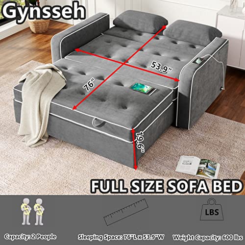 Gynsseh Pull Out Sofa Sleeper, 3 in 1 Convertible Sleeper Sofa Bed with Dual USB Ports and 2 Pillows, Linen Upholstered Adjustable Loveseat Couch with Pull Out Bed for Living Room (Blue Gray)