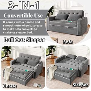 Gynsseh Pull Out Sofa Sleeper, 3 in 1 Convertible Sleeper Sofa Bed with Dual USB Ports and 2 Pillows, Linen Upholstered Adjustable Loveseat Couch with Pull Out Bed for Living Room (Blue Gray)