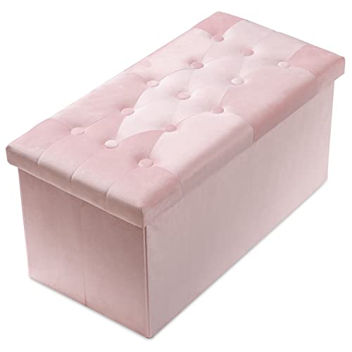 PRANDOM Extra Large Ottoman with Storage [1-Pack] Velvet Folding Small Square Foot Stool with Lid for Living Room Bedroom Coffee Table Dorm Toy Pink 30.5x15x15 inches