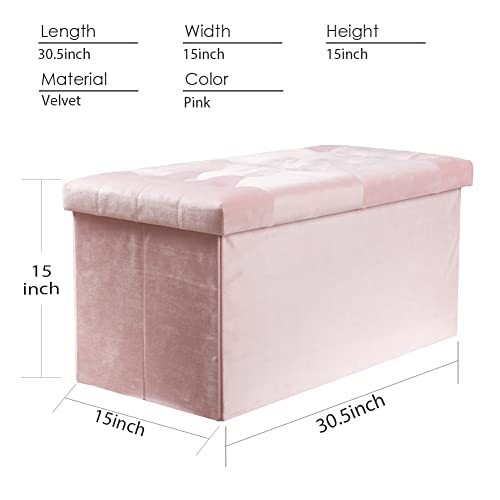 PRANDOM Extra Large Ottoman with Storage [1-Pack] Velvet Folding Small Square Foot Stool with Lid for Living Room Bedroom Coffee Table Dorm Toy Pink 30.5x15x15 inches