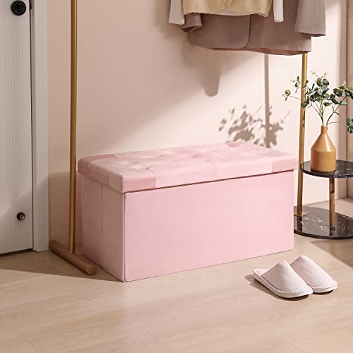 PRANDOM Extra Large Ottoman with Storage [1-Pack] Velvet Folding Small Square Foot Stool with Lid for Living Room Bedroom Coffee Table Dorm Toy Pink 30.5x15x15 inches