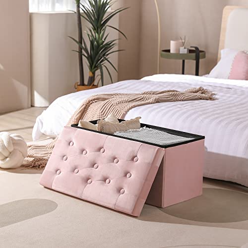 PRANDOM Extra Large Ottoman with Storage [1-Pack] Velvet Folding Small Square Foot Stool with Lid for Living Room Bedroom Coffee Table Dorm Toy Pink 30.5x15x15 inches