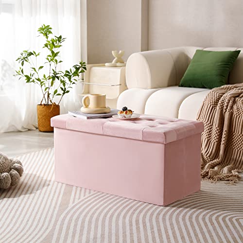 PRANDOM Extra Large Ottoman with Storage [1-Pack] Velvet Folding Small Square Foot Stool with Lid for Living Room Bedroom Coffee Table Dorm Toy Pink 30.5x15x15 inches