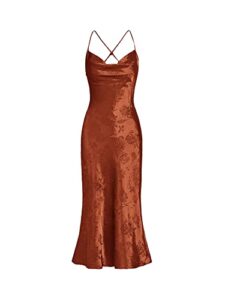 floerns women's spaghetti strap cowl neck long slip satin silk midi dress rust brown floral xs