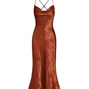 Floerns Women's Spaghetti Strap Cowl Neck Long Slip Satin Silk Midi Dress Rust Brown Floral XS