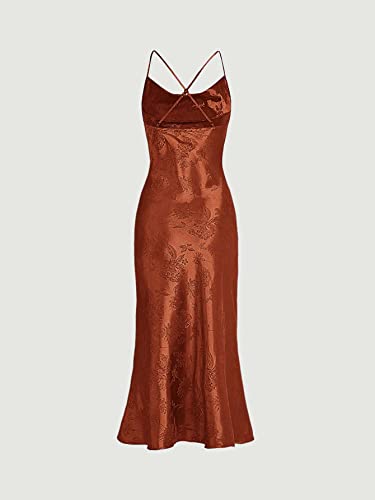 Floerns Women's Spaghetti Strap Cowl Neck Long Slip Satin Silk Midi Dress Rust Brown Floral XS