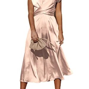 PRETTYGARDEN Women's 2023 Summer Satin Midi Dress Cap Sleeve Tie Waist Elegant A-Line Flowy Dresses (Champagne,Small)