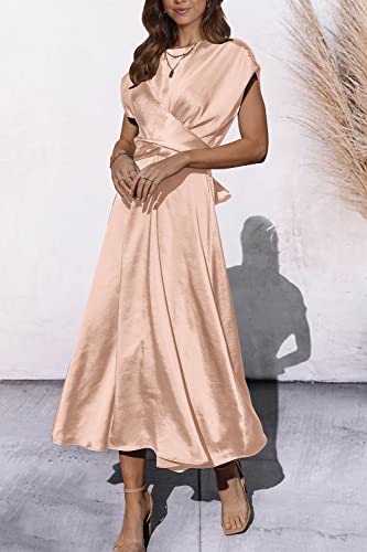 PRETTYGARDEN Women's 2023 Summer Satin Midi Dress Cap Sleeve Tie Waist Elegant A-Line Flowy Dresses (Champagne,Small)