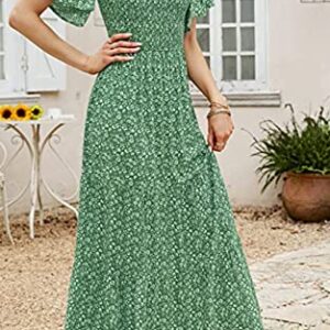 PRETTYGARDEN Womens Casual Floral Crew Neck Flutter Short Sleeve Long Summer Holiday Dress Party Maxi Wedding Guest Dresses (Green,Large)