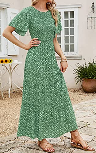 PRETTYGARDEN Womens Casual Floral Crew Neck Flutter Short Sleeve Long Summer Holiday Dress Party Maxi Wedding Guest Dresses (Green,Large)