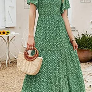 PRETTYGARDEN Womens Casual Floral Crew Neck Flutter Short Sleeve Long Summer Holiday Dress Party Maxi Wedding Guest Dresses (Green,Large)