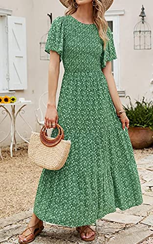 PRETTYGARDEN Womens Casual Floral Crew Neck Flutter Short Sleeve Long Summer Holiday Dress Party Maxi Wedding Guest Dresses (Green,Large)