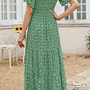 PRETTYGARDEN Womens Casual Floral Crew Neck Flutter Short Sleeve Long Summer Holiday Dress Party Maxi Wedding Guest Dresses (Green,Large)