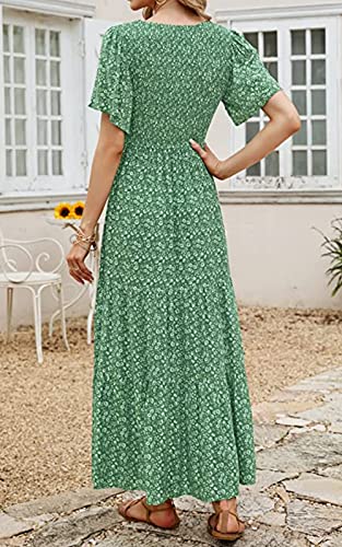 PRETTYGARDEN Womens Casual Floral Crew Neck Flutter Short Sleeve Long Summer Holiday Dress Party Maxi Wedding Guest Dresses (Green,Large)