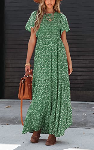 PRETTYGARDEN Womens Casual Floral Crew Neck Flutter Short Sleeve Long Summer Holiday Dress Party Maxi Wedding Guest Dresses (Green,Large)