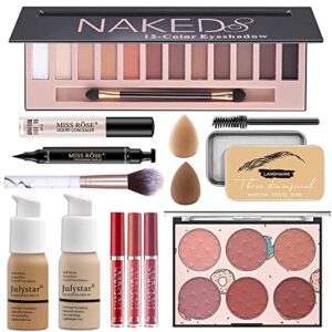 professional makeup gift kit set,all in one makeup full kit for women,girls & teens includes 12 colors eyeshadow palette, liquid foundation & concealer,liquid lipstick，face blush，makeup brush, makeup sponge, eyebrow soap, winged eyeliner stamp