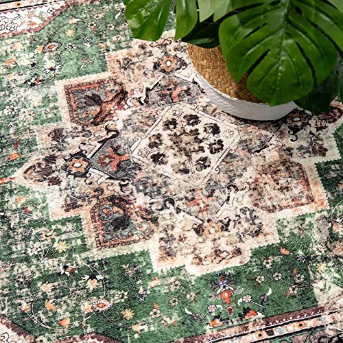 YesRug Boho Area Rug 3x5 Green Rug Washable Vintage Persian Rug for Kitchen Living Room Bedroom Bathroom Office Low Pile Non Slip Floor Carpet