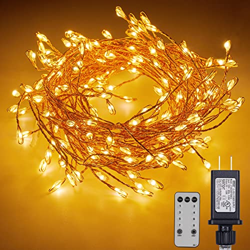 Cluster Fairy Lights with Remote, 10Feet 200LED Firecracker String Lights Plug in, Waterproof Copper Wire Firefly Lights for Bedroom Window Mantle Weddings Christmas Tree Decoration, Warm White