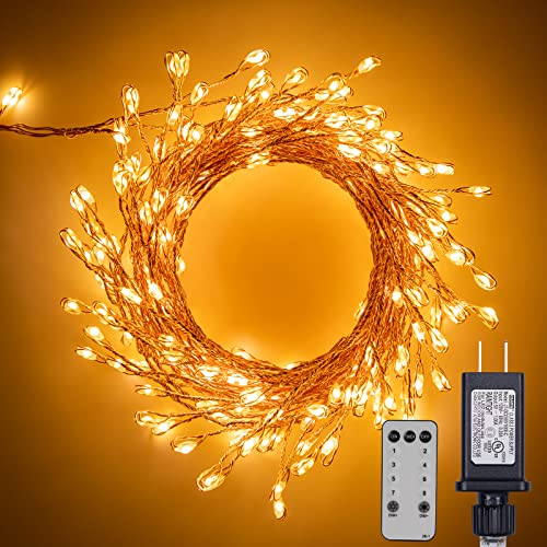 Cluster Fairy Lights with Remote, 10Feet 200LED Firecracker String Lights Plug in, Waterproof Copper Wire Firefly Lights for Bedroom Window Mantle Weddings Christmas Tree Decoration, Warm White