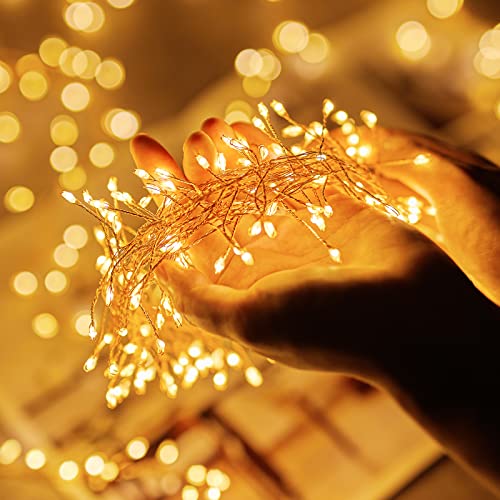 Cluster Fairy Lights with Remote, 10Feet 200LED Firecracker String Lights Plug in, Waterproof Copper Wire Firefly Lights for Bedroom Window Mantle Weddings Christmas Tree Decoration, Warm White