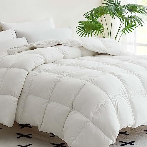 CYMULA Goose Feather Down Comforter Queen Size, Hotel Fluffy Breathable Lightweight Duvet Insert with Luxurious Down Fill, 8 Corner Tabs and Machine Washable for All Seasons - White (90x90)