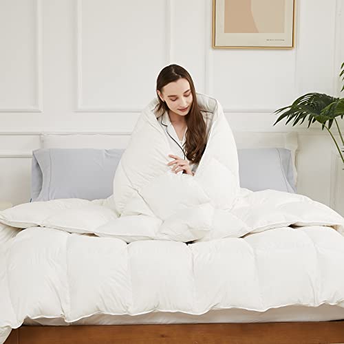 CYMULA Goose Feather Down Comforter Queen Size, Hotel Fluffy Breathable Lightweight Duvet Insert with Luxurious Down Fill, 8 Corner Tabs and Machine Washable for All Seasons - White (90x90)