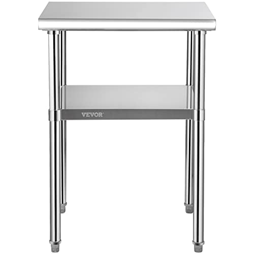 VEVOR Stainless Steel Prep Table, 24 x 24 x 36 Inch, 600lbs Load Capacity Heavy Duty Metal Worktable with Adjustable Undershelf & Universal Wheels, Commercial Workstation for Kitchen Garage Backyard